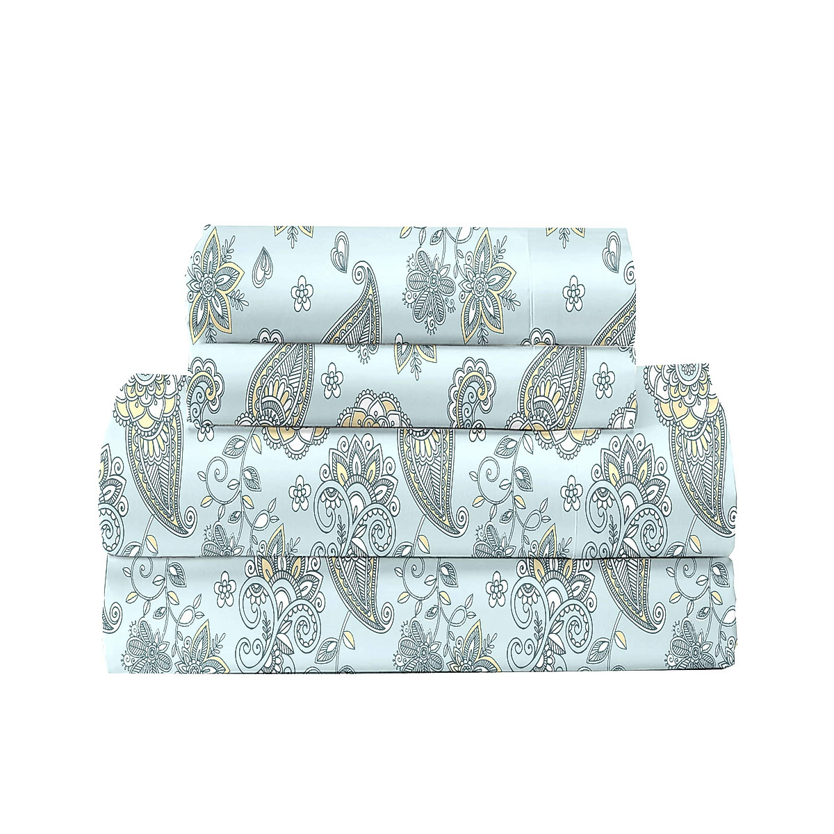 Feather & Stitch Softest 100% Cotton Sheets, 300 Thread Count Percale Weave Bedding, 16" Deep Pocket, Cooling Sheets, Breathable Bed Set, Hotel Premium Quality (King, Aqua Paisley)