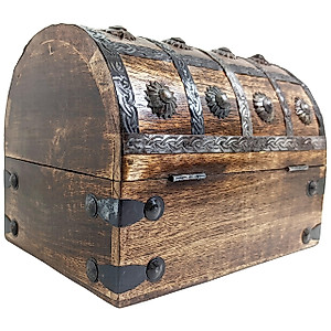 SciencePurchase Pirate's Treasure Chest Wooden Nautical Jewelry Box with Functional Lock and 2 Keys, Wood with Iron Accents, Hinged Lid, 8 Inches Long