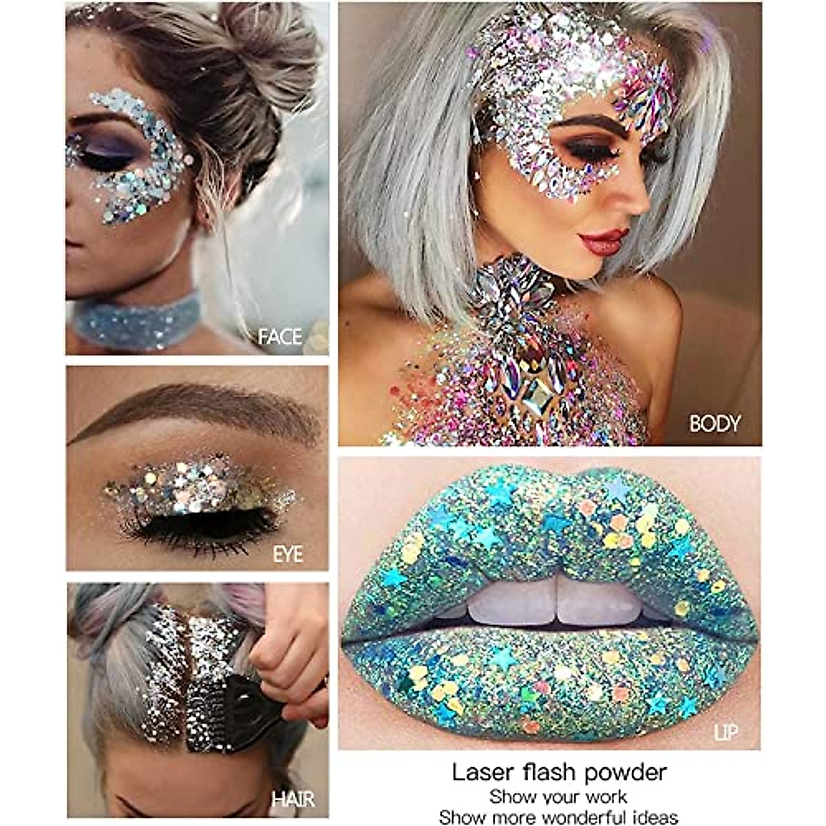 Body Glitter Gel 16 Color Sequins Glitter Gel Easy to Apply&Clean, Festival Glitter Christmas Makeup for Women Long Lasting Sparkling Suitable for Body, Face, Hair, Eyes White(Chunky Glitter)