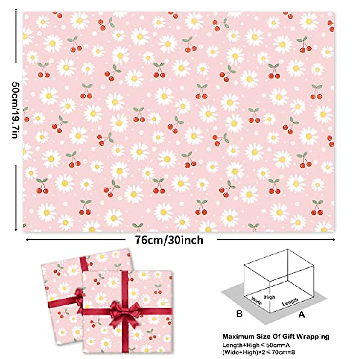 White and Yellow Daisy Floral With Red Cherries On Pink Gift Wrapping Paper 4 Sheets For Kids Girls Boys, Flower Gift Wrap for Birthday New Baby Shower Wedding Holiday Christening and More Occasion