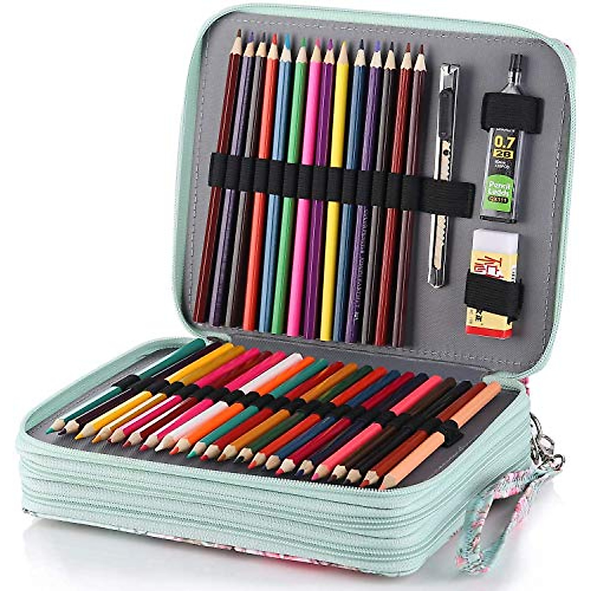 Shulaner 120 Slots Colored Pencil Case with Zipper Closure Large Capacity Green Rose Oxford Pen Organizer Flower Pencil Holder for Artist