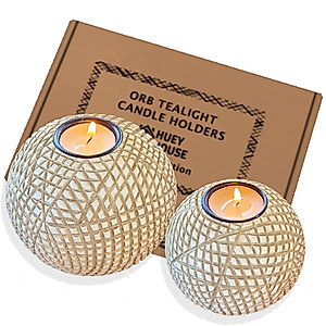 Luca Orb Candle Holders (Gift Boxed Set of 2), Table Centerpieces for Dining or Living Room, Spa, Bathroom, Kitchen Counter, Mantle or Coffee Table Decor (Grid Pattern, Beige and White)