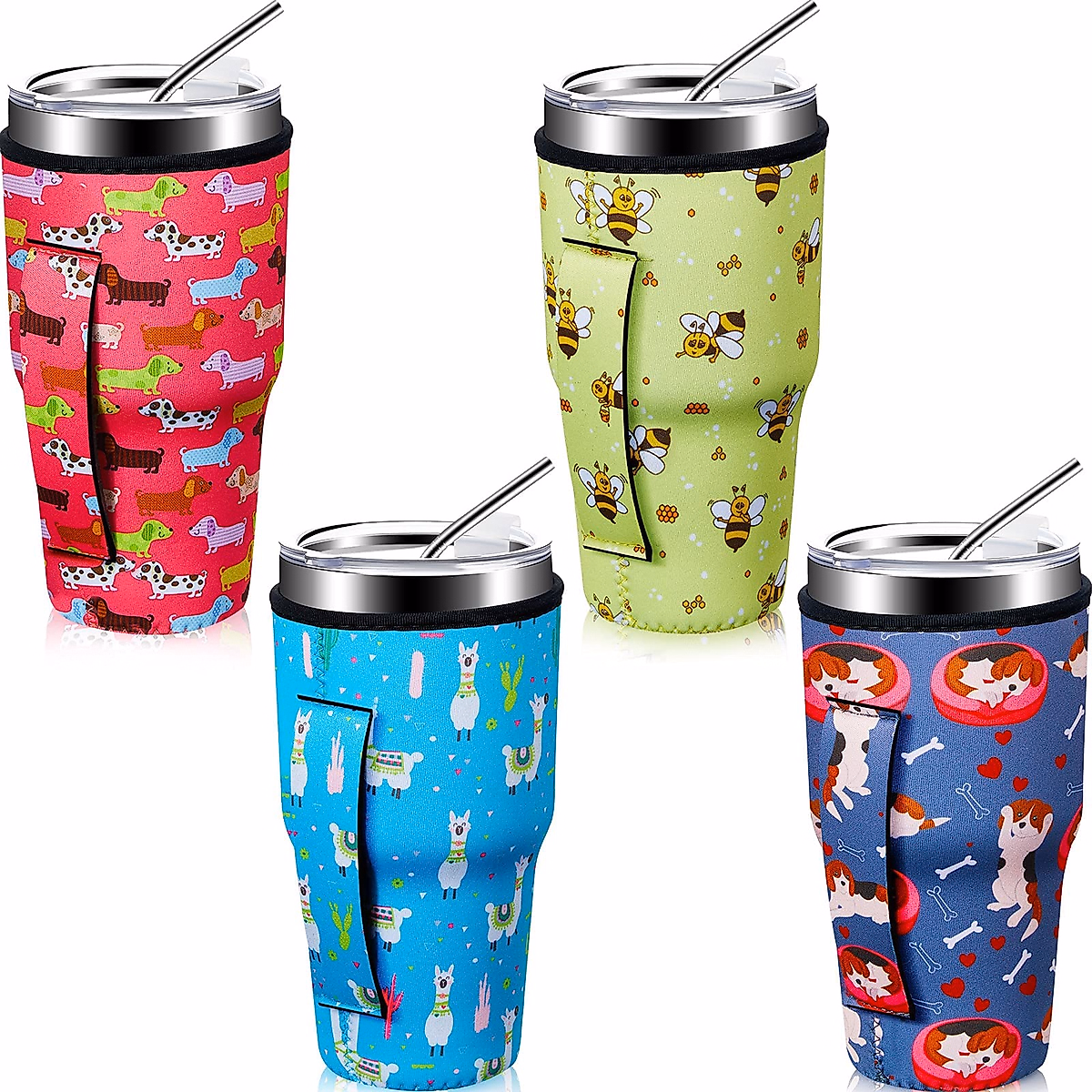 4 Pieces Patelai Reusable Iced Coffee Sleeve Neoprene Insulated Thermocoolers Sleeves Cup Cover Holders Christmas Drinks Sleeve Holder for 30-32 oz Cold Hot Beverages, 4 Styles