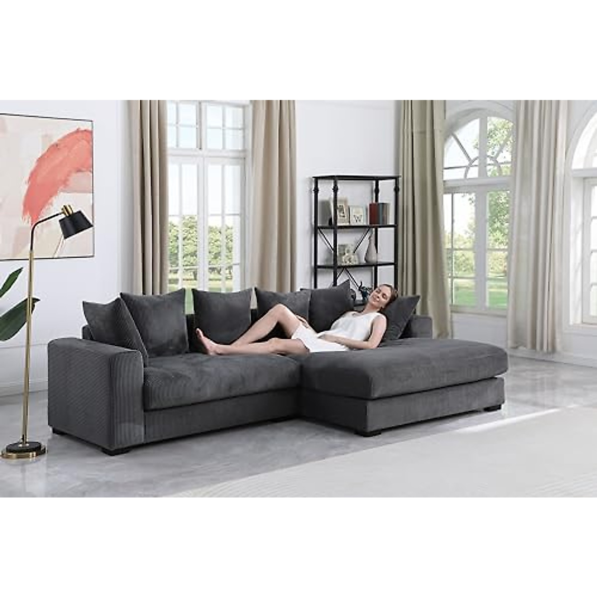 Eafurn Luxe Upholstered Right Facing Chaise Lounge Sectional Sofa in Soft Corduroy Fabric with Removable Cushions, Oversized Sleeper Couch Bed for Relaxing in Living Room or Bedroom