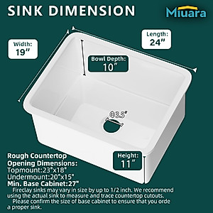 Miuara White Undermount Kitchen Sink 24 Inch - Small Topmount Wet Bar Sink Drop In 24"x19"x11", Dual Mount, Single Bowl, Fireclay Solid, with 2 Custom Accessories, White, for Kitchen & Laundry