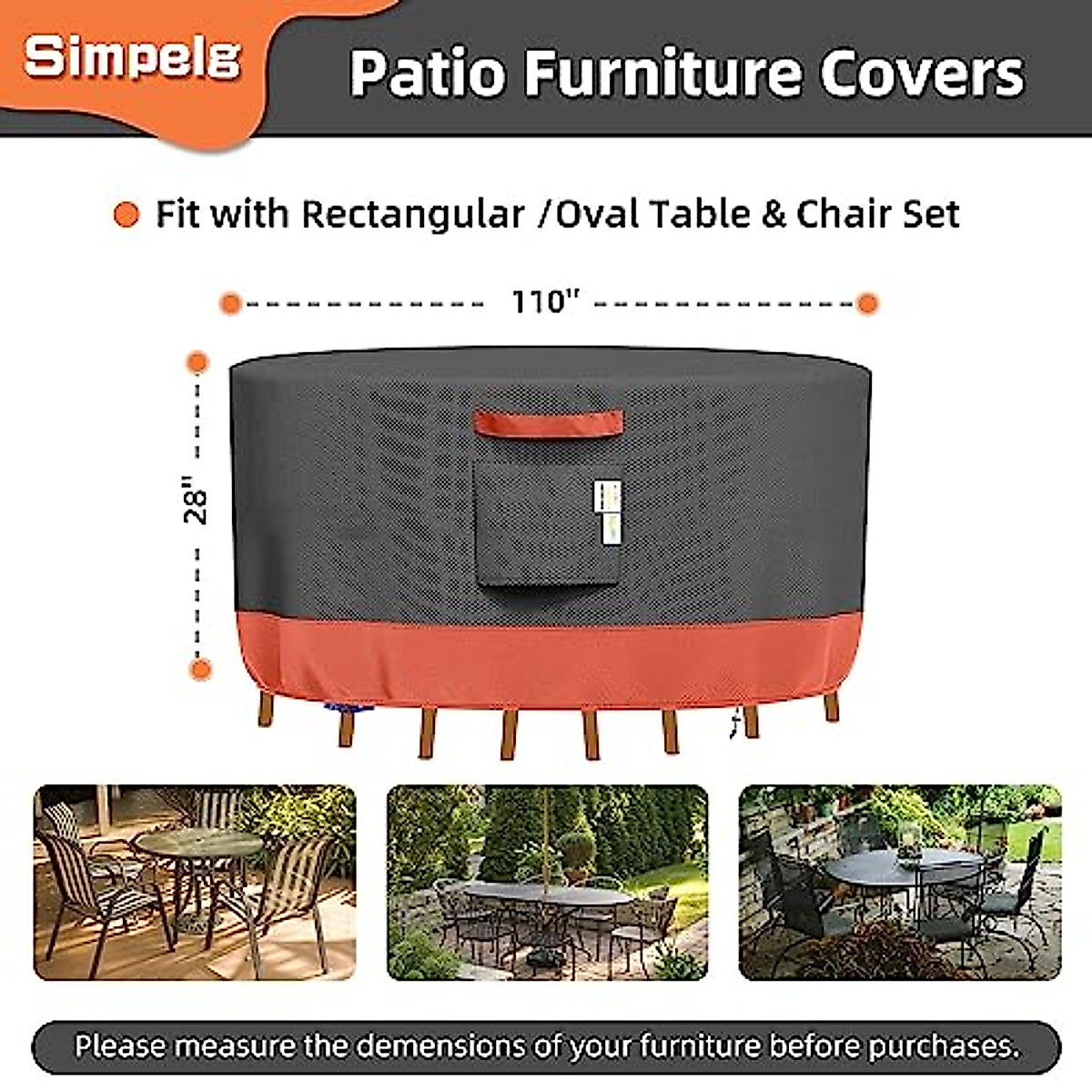 Simpelg Round Patio Furniture Covers Waterproof Tear-Resistant Round Patio Table And Chairs Cover, Anti-Fading Rip-Stop Outdoor Furniture Cover, 110" DIA x 28"H, Windsor Red/Grey