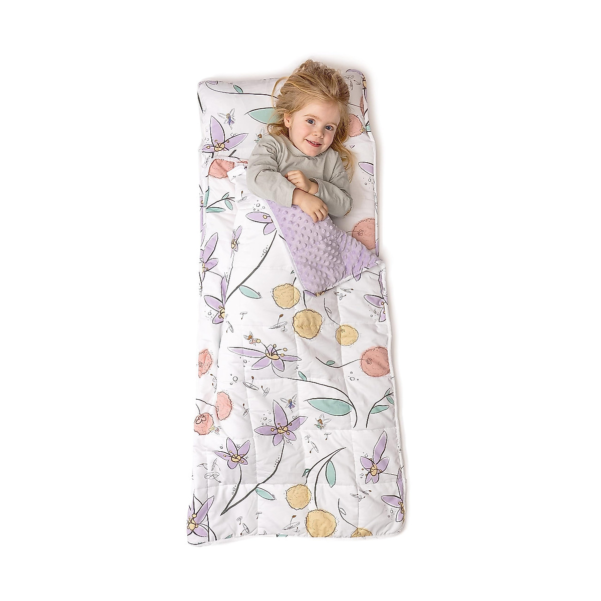 JumpOff Jo - Extra Long Toddler Nap Mat - Sleeping Bag for Kids with 5lb. Detachable Weighted Blanket and Removable Pillow for Preschool, Daycare, and Sleepovers - 53 x 21 Inches - Fairy Blossom