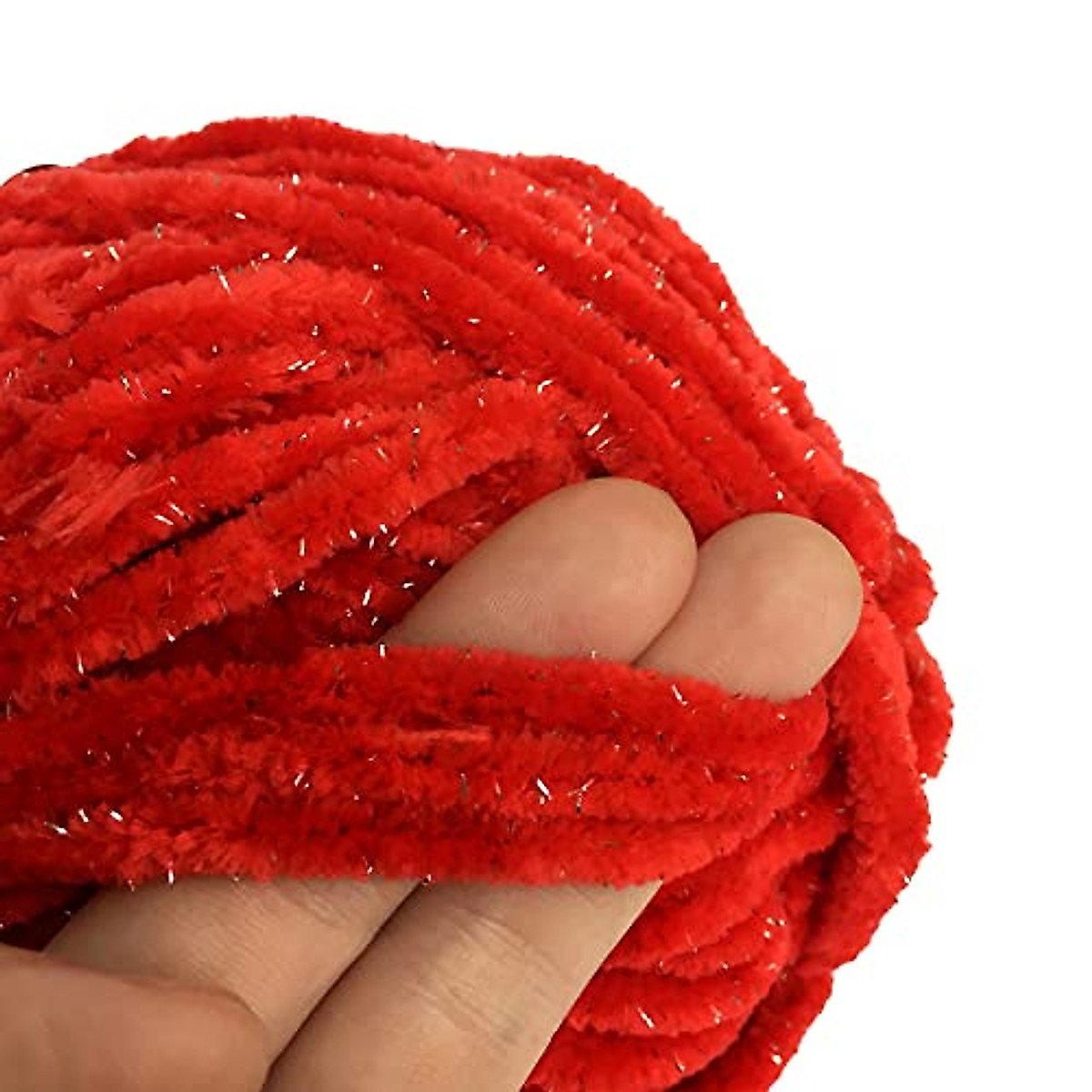 Troyarn Velvet Star Silvery Glitter Chenille Baby Blanket Yarn Amigurumi Yarn for Crocheting and Knitting Super Bulky 100 gr (120 yds) (10408 - Red)