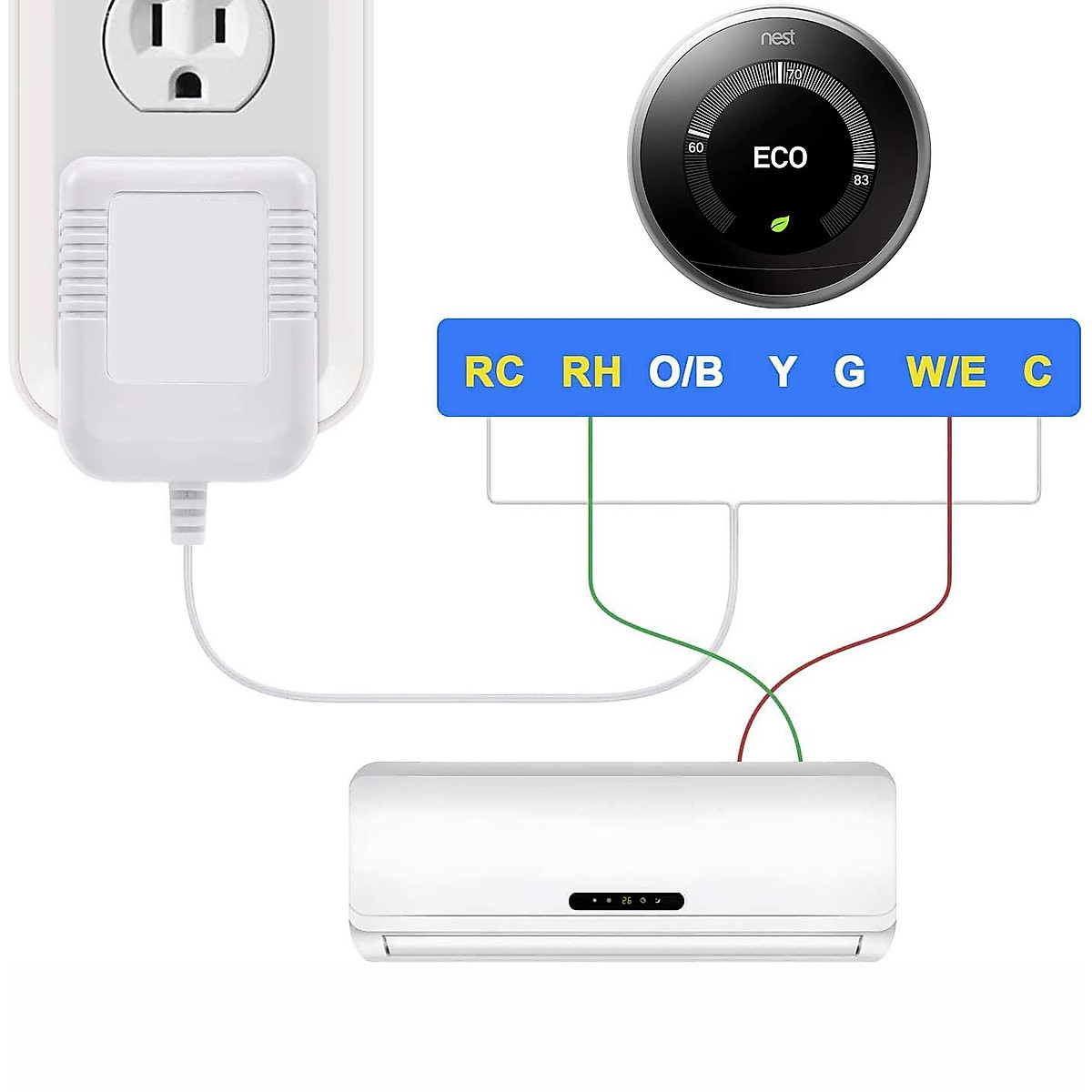 MEROM 24V 500mA 26ft C Wire Transformer Adapter Compatible with Nest/Ecobee/Sensi/Honeywell Thermostat, Nest Hello Doorbell/Ring Door Bell Power Supply