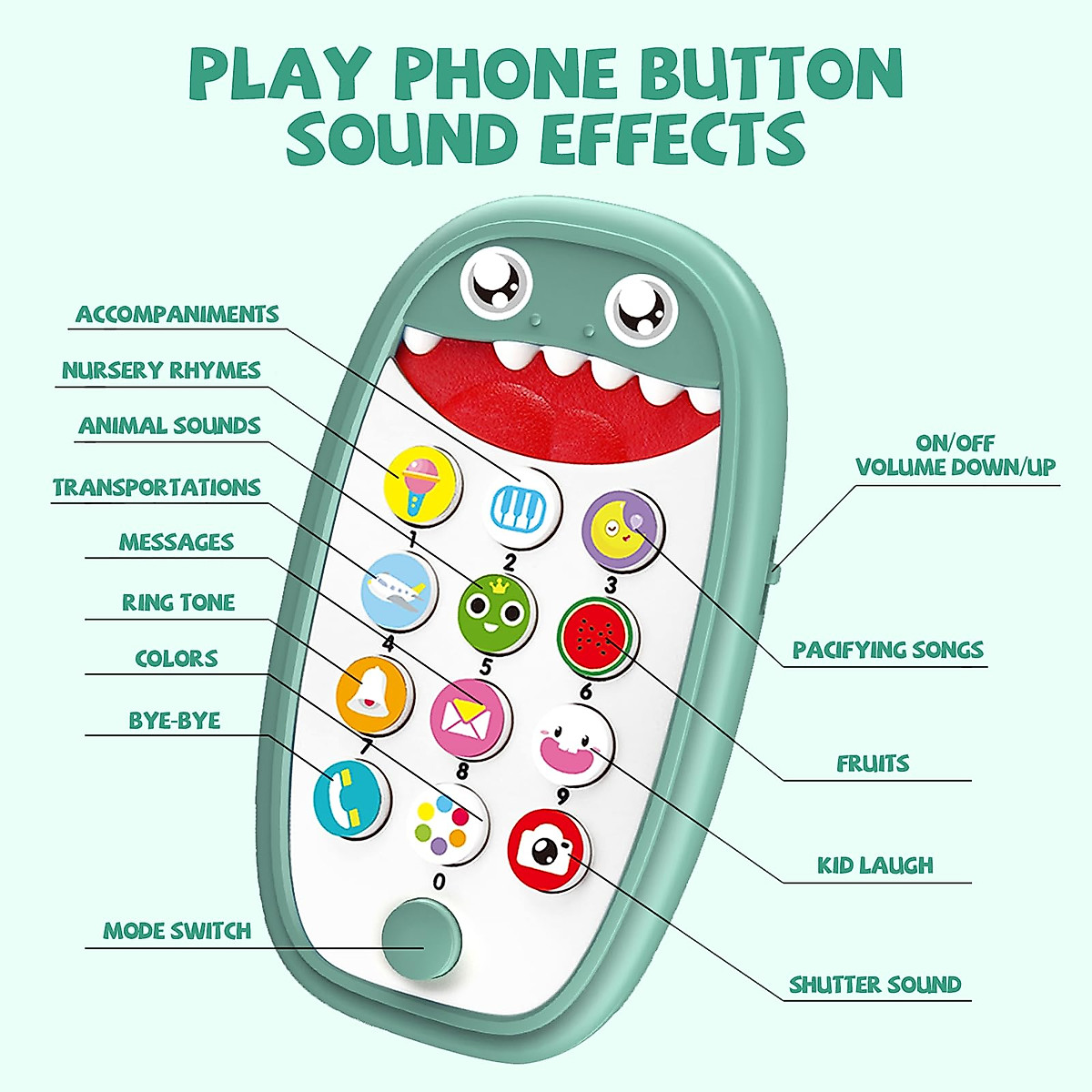 Baby Dinosaur Cell Phone Toy Removable Soft Teether Case, Lights, Music & Adjustable Volume Kids Play & Learn Pretend Phone Infant Toddler, Preschool Holiday Birthday Gift Girl Boy 18 Months (Green)