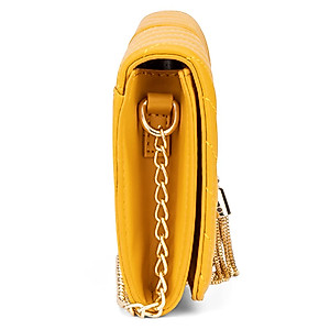 Olivia Miller Women's Fashion Asher Faux PU Leather Quilted Textured w Tassel n Front Flap, Yellow Crossbody Bag Everyday Small Evening Casual Work Purse Handbag