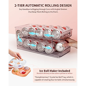 Zyerch 2 Pack Rolling Soda Can Dispenser for Refrigerator with 1 Pack Ice Ball Maker, Pantry Organization and Storage 2-Layer Beverage Holder for Fridge, Clear
