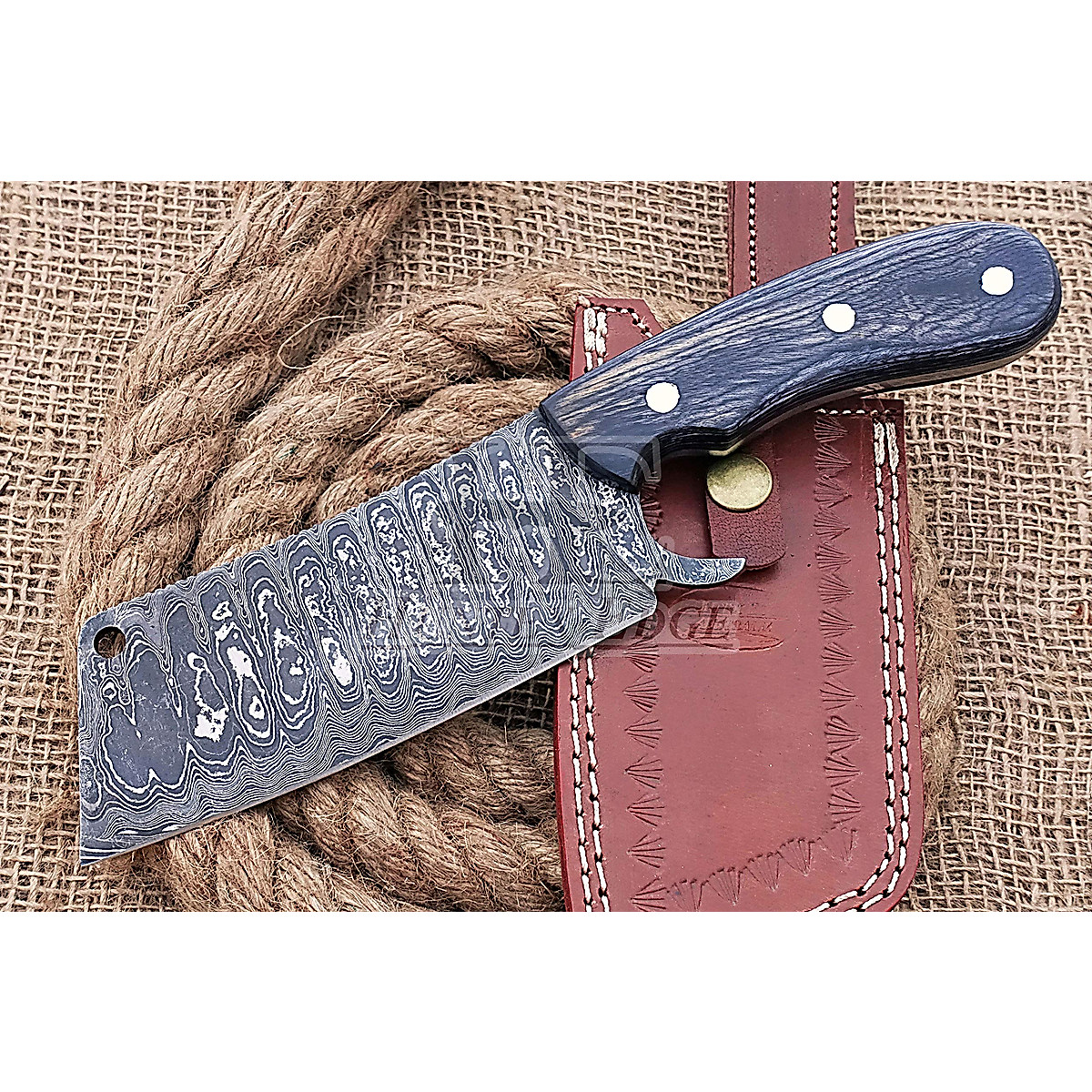 HUNTEX Handmade Hand-Forged Ladder Pattern Damascus Steel 9.5 Inch Long Full Tang Pakka Wood Handle Razor Sharp Hunting Camping Cleaver Knife w/Genuine Leather Sheath
