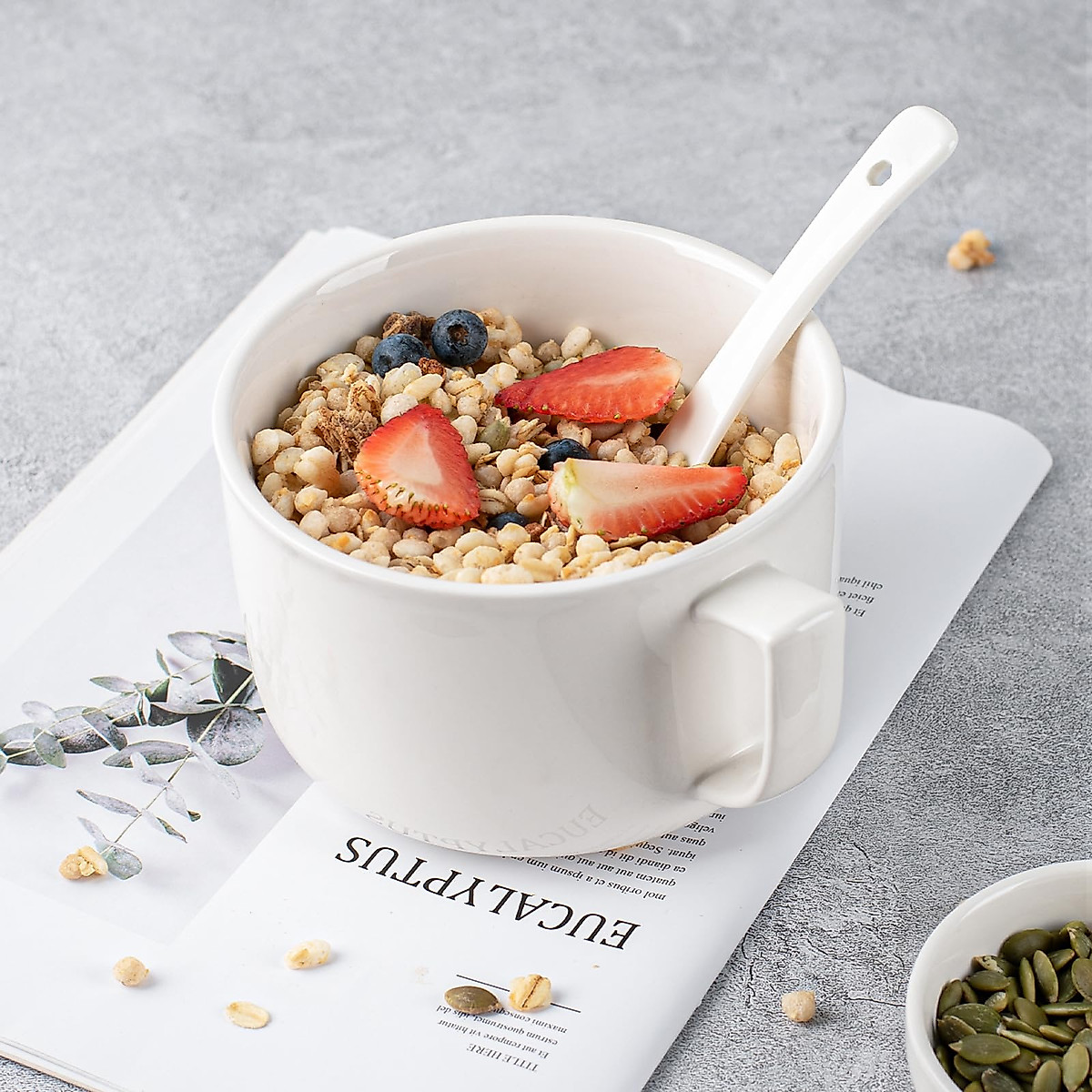 DELLING 6 Pack Soup Mugs with Handle, 28 Ounces Large Ceramic Soup Cups, White Soup Bowls for Salad, Ramen, Cereals, Stews, Oatmeals, Chilli, Microwave & Dishwasher Safe