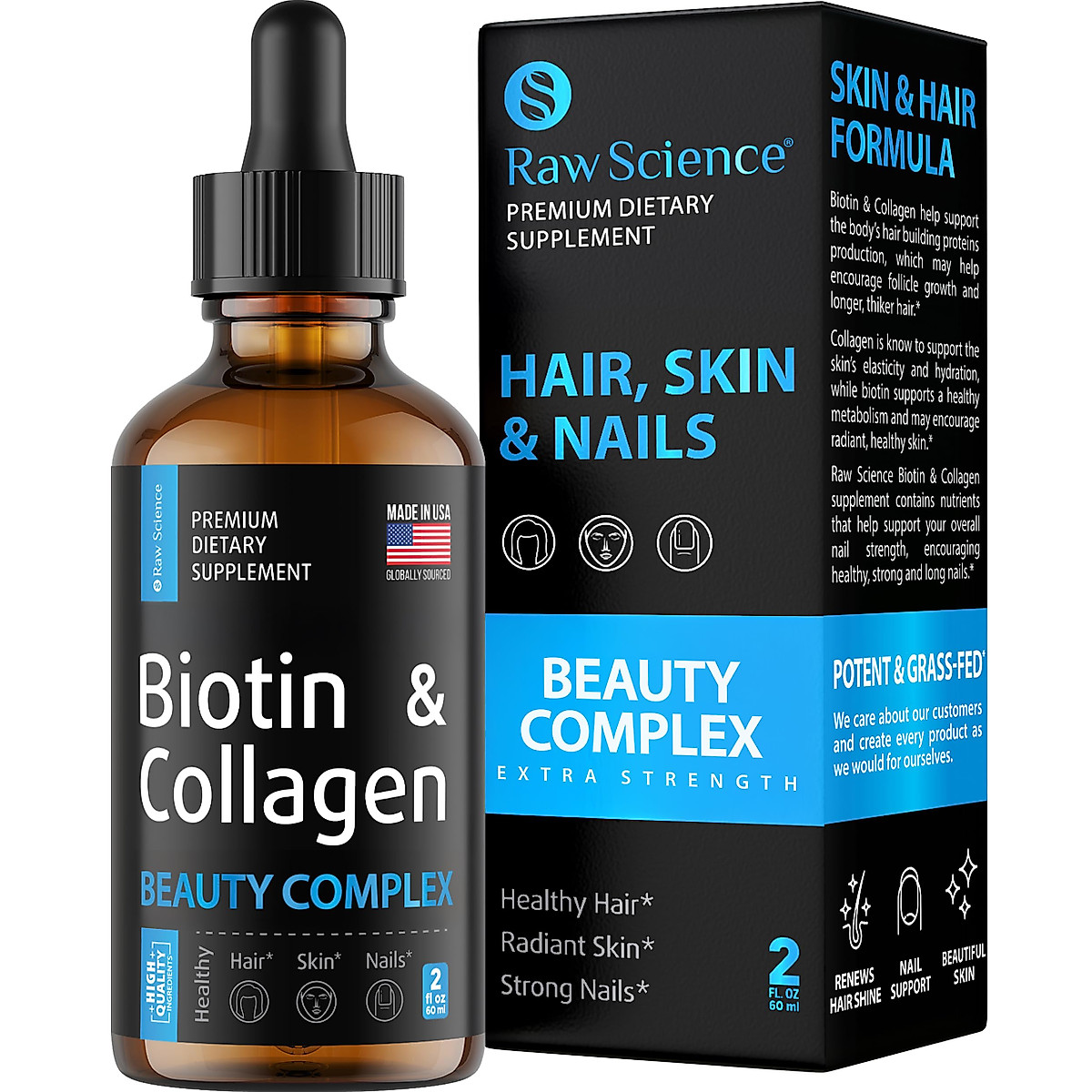 Liquid Collagen & Biotin Supplements for Hair Growth - Biotin 10000mcg Collagen Peptides 20000mcg Drops - Hair Vitamins for Hair Loss for Women & Men, Skin and Nail Strengthener - Made in USA, 2 floz