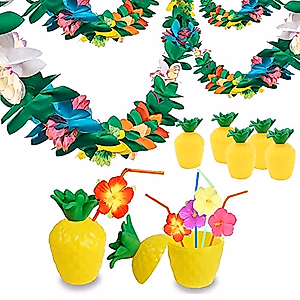 FUTUREPLUSX 2PCS Tropical Paper Garland with 12PCS Plastic Pineapple Cups