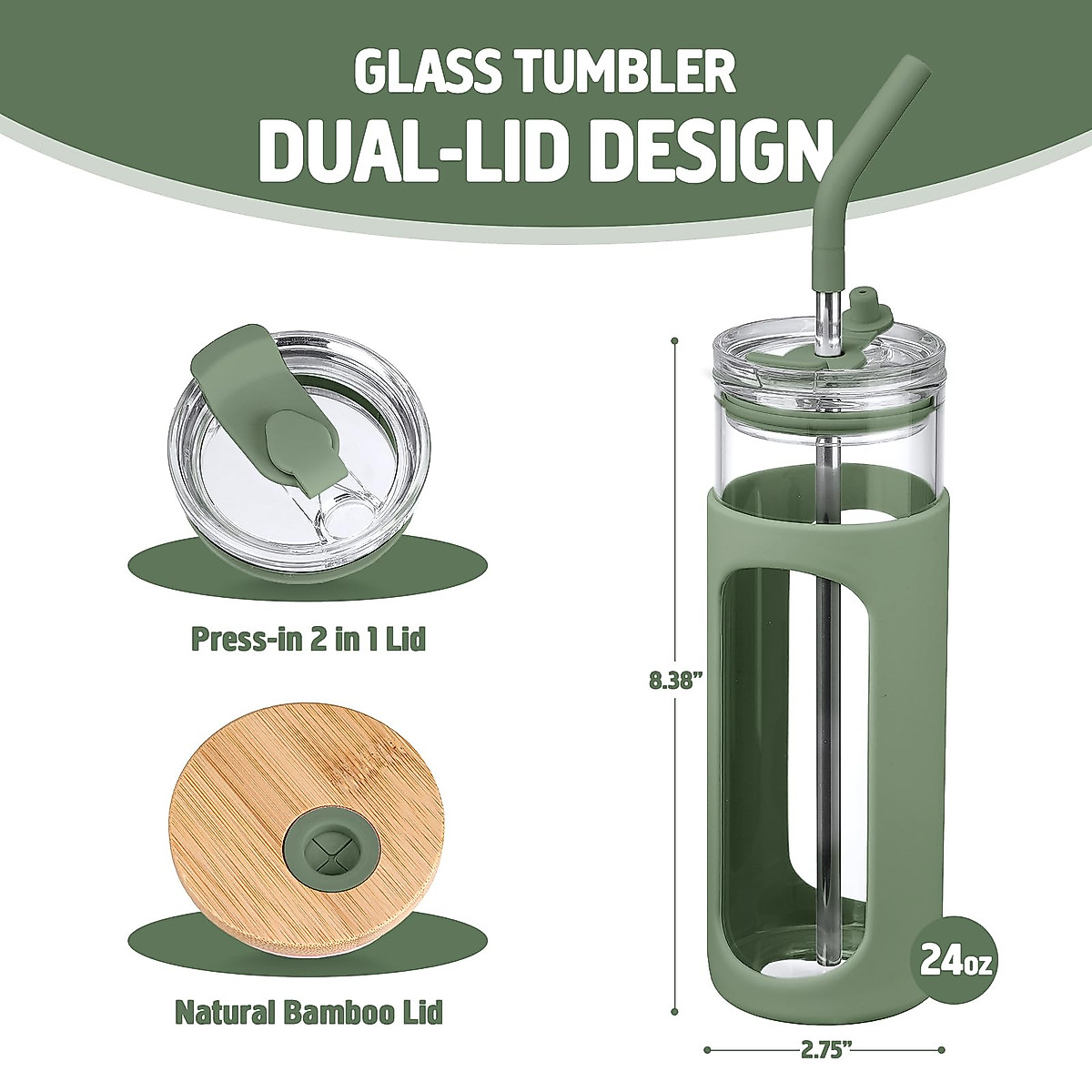 kytffu Glass Cups With Lids and Straws, 24oz Glass Tumbler, Iced Coffee Cup, Leak-proof Lid and Straw, Smoothie Cup with Bamboo Lid and On the Go Lid, Drinking Glass Cup for Home, Outdoor (Olive)