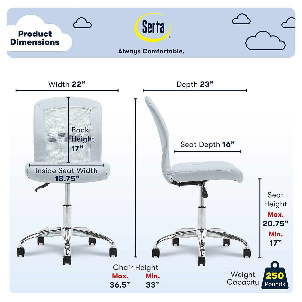 Serta Essentials Computer Chair, Blue Sky Faux Leather and Mesh