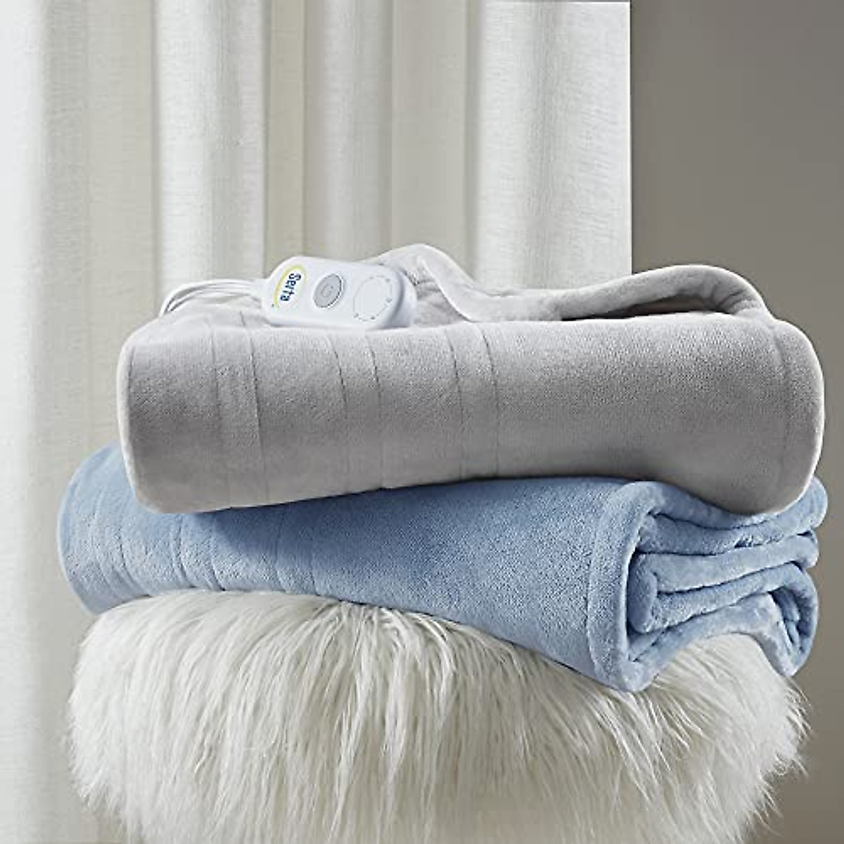 Serta Luxuriously Soft Plush Electric Blanket Fast Heating Cozy Cover, Safety Auto Shut Off Timer, Low EMF, Multi Heat Setting, ETL Certified, Machine Washable, Sea Blue Throw (50 in x 60 in)