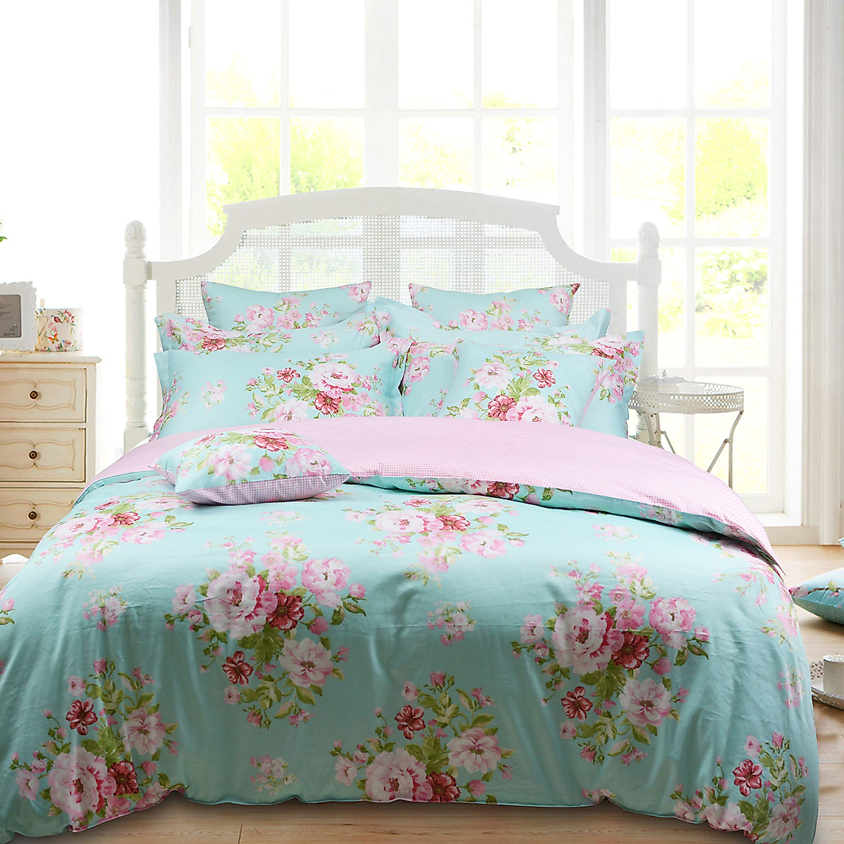 FADFAY Shabby Floral Duvet Cover Set Pink Grid Cotton Farmhouse Bedding with Hidden Zipper Closure 3 Pieces, 1duvet Cover & 2pillowcases,King/California King Size