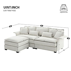 Acosure 95" L Oversized Luxury Sectional Sofa with Bentwood Armrests & Ottoman,4 seat Upholstered L-Shape Couch W/Double Cushions & 4 Waist Pillows,Indoor Furniture for Living Room Apartment,Beige