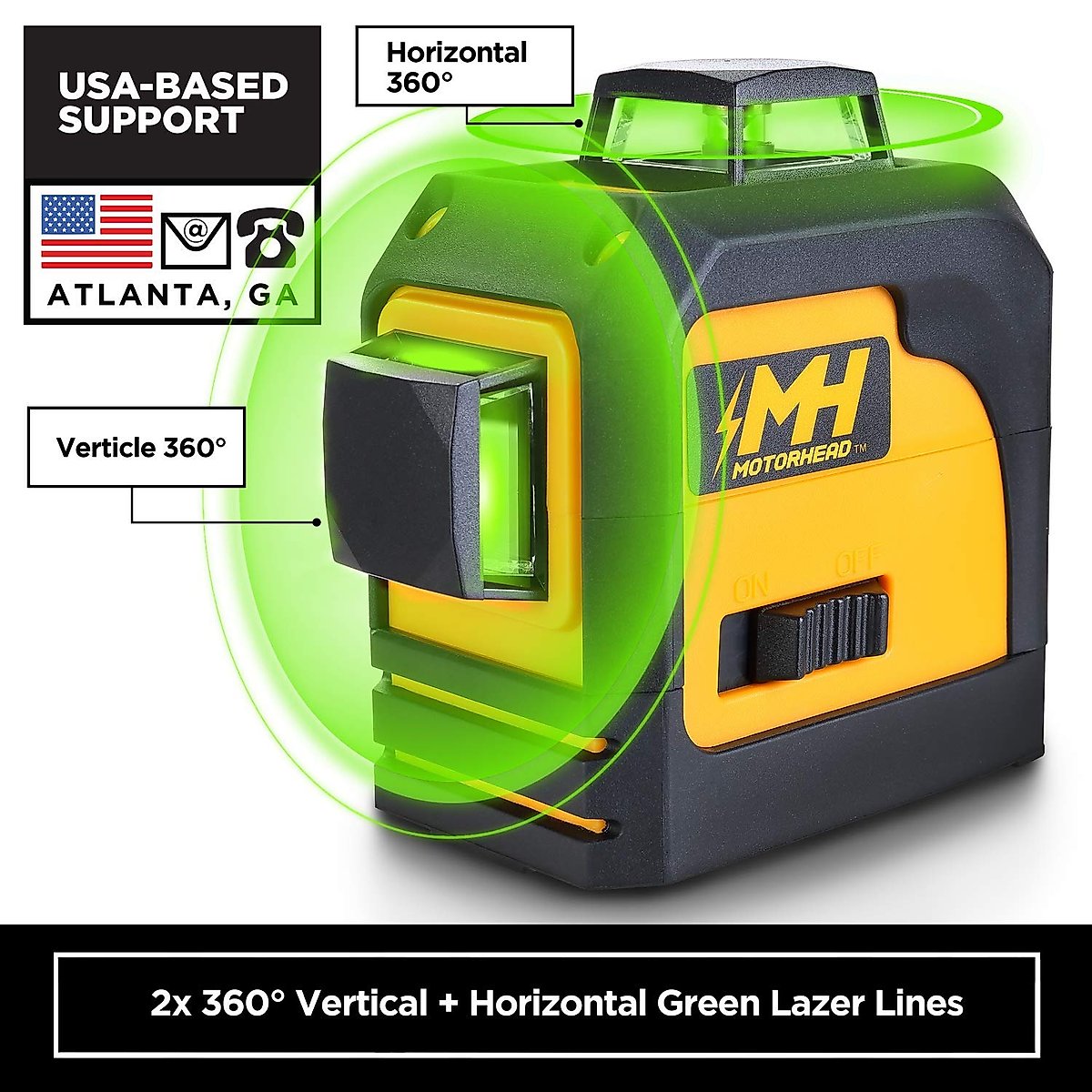 MOTORHEAD 165-Ft Self-Leveling 360-Degree Green Cross-Line Laser Level, Switchable Horizontal & Vertical Beams, IP 54, Pulse Mode w/Leveling Mini-Tripod, Batteries, Magnetic Target & Storage Bag