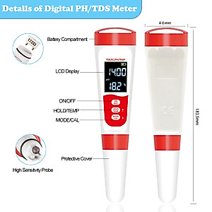 Suyaequt PH Meter, Digital 4 in 1 PH EC TDS Temp Meter for Water Hydroponics, 0.01 pH Accuracy Tester for Household Drinking, Pool and Aquarium
