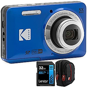 Kodak PIXPRO FZ55 Digital Camera, Blue Bundle with Lexar 32GB High-Performance 800x UHS-I SDHC Memory Card + Deco Photo Point and Shoot Field Bag Camera Case
