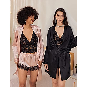 Ekouaer Sexy Pajama Set for Women 3pcs Floral Lace Trim Pjs Silk Sleepwear with Robe Lingerie Set A-pink