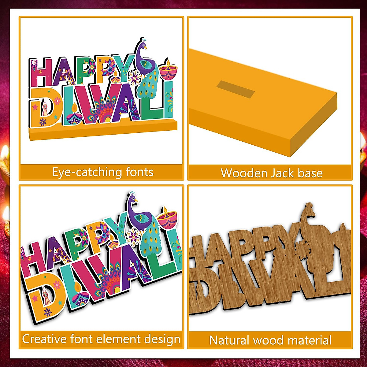3Pcs Diwali Decorations Wooden Table Centerpieces, Happy Diwali Table Decorations for Indian Hindu Festival of Lights Party Diwali Decorations for Table