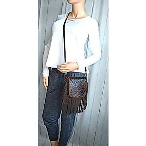 western floral tooled 100% leather fringe cross body purse (brown) Small
