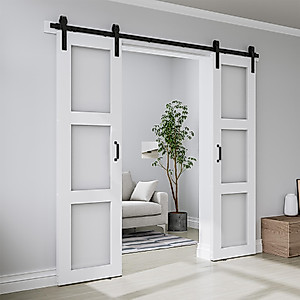 COSHOMER Double 24 x 84in 3-Panel Sliding Barn Door with Frosted Glass and 8FT Hardware Kit - Waterproof, Easy Assembly, Pre-Drilled Holes - Suitable for Openings up to 46in x 82in, White