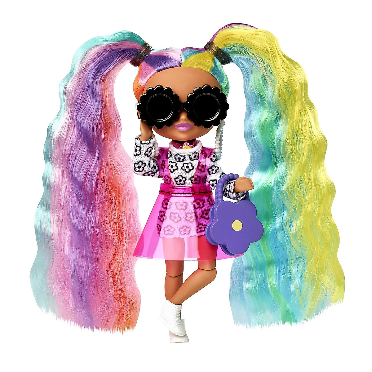 Barbie Extra Minis Doll #6 Wearing Flower Print Dress with Rainbow Hair, Doll Stand & Accessories Including Sunglasses & Purse, 5.5-inch