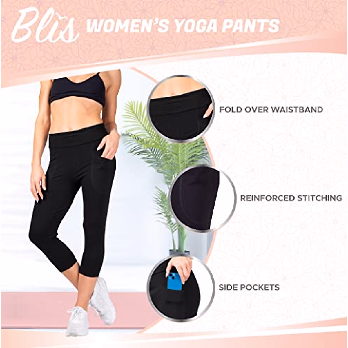 Blis Workout Leggings for Women Fold Over Maternity Leggings Yoga Pants for Women Capri Length 3 Packs Available Black/White Small