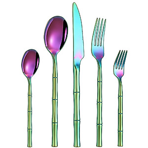 30 Piece Bamboo Shaped Flatware Set Service for 6, 18/10 Stainless Steel Rainbow Bamboo Handle Silverware Cutlery Set For Home Kitchen Hotel Utensils, Mirror Polished, Dishwasher Safe