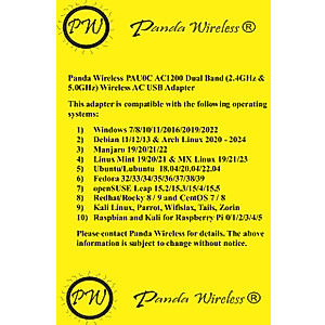Panda Wireless® PAU0C AC1200 Dual Band Wireless-AC USB Adapter - Windows 7/8/10/11/2019/2022, Chrome OS, Zorin, MXLinux, Mint, Ubuntu, Fedora, openSUSE, Rocky, Lubuntu, Kali Linux and Raspbian
