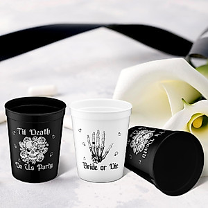 Sliner 12 Pcs Bride or Die Bachelorette Party Cups 16 oz Skull Till Death Do Us Party Cup Halloween Black White Plastic Bride Cup Reusable for Bridesmaid Bridal Shower Wedding Decoration Favors