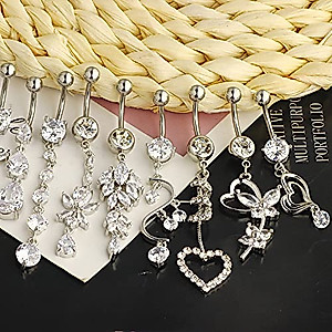 TIANCI FBYJS 14G Women Belly Button Rings Surgical Stainless Steel Dangle Belly Rings 10mm Heart Belly Piercings Flower Butterfly Navel Jewelry 11pcs (silver)