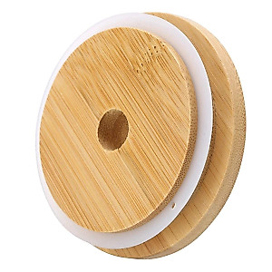 4 Pack 86mm Wide Mouth Bamboo Mason Jar Lids with Straw Hole Reusable Bamboo Caps Leak-Proof Glass Canning Drinking Storage Jars Lid