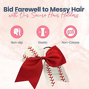 Sportybella - Baseball Stitch Hair Accessories for Girls - Red and White Softball Print Hair Bows, Ponytail Holders Gift Set - 6.5"