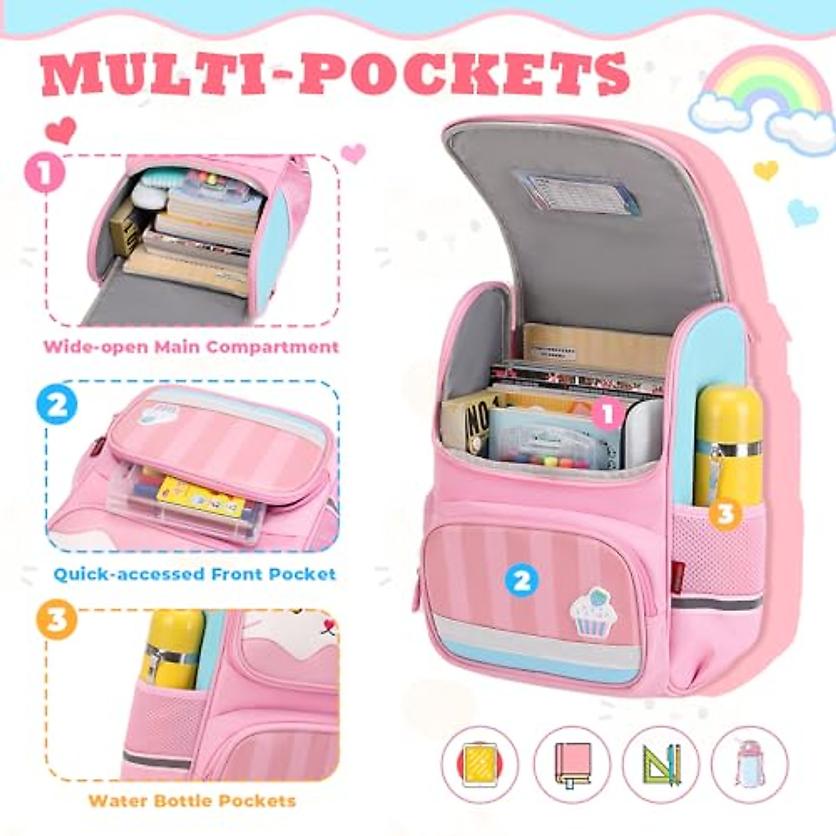 ASKSKY Kids Backpack for Girls, Kawaii Cartoon School Backpack Wide Open Bookbag for 5-10 years old with Reflective Strip, Blue Kitty