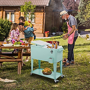 VINGLI 80 Quart Rolling Ice Chest on Wheels, Patio Cooler Party Bar Drink Cooler Cart with Shelf, Bottle Opener, Water Pipe