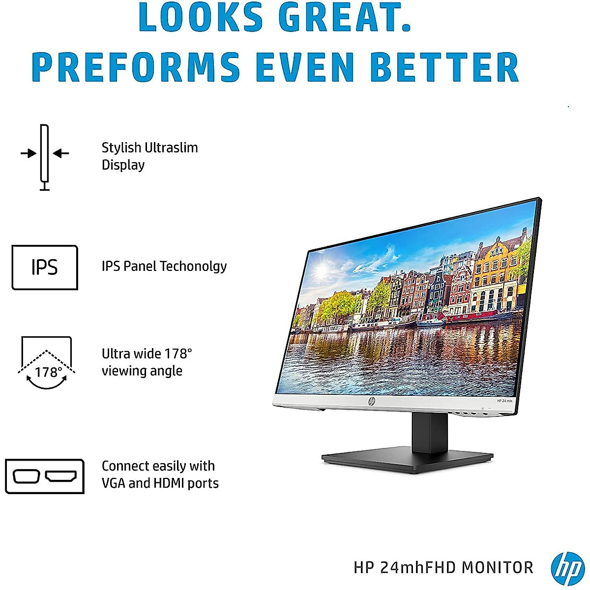 HP New Premium 24mh Series Monitor: 24" FHD IPS Display, Built-in Speakers, VESA Mounting, Height/Tilt Adjustment, HDMI, VGA, DisplayPort, 75Hz Refresh Rate, TF-HDMI Cable