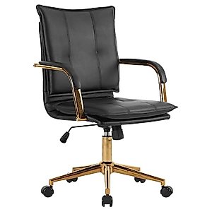 MOJAY Mid-Back Ergonomic Leather Office Desk Chair, Modern Upholstered Computer Chair, Executive Office Chair with Arms, Swivel Adjustable Rolling Chair with Gold Base (Black)