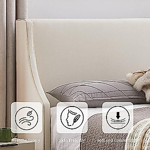 QNZK Upholstered Platform Bed Frame with Linen Headboard, Golden PVC Material Edge, Metal Frame Wooden Slat Support, No Box Spring Needed, Wood Foot Easy to Assemble & Noiseless (Beige, Full)