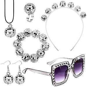 Hitele 6 Pcs 1970s Disco Accessories Set Disco Ball Earrings Necklace Bracelet Headband Ring and Sunglasses for Women Party (silver)