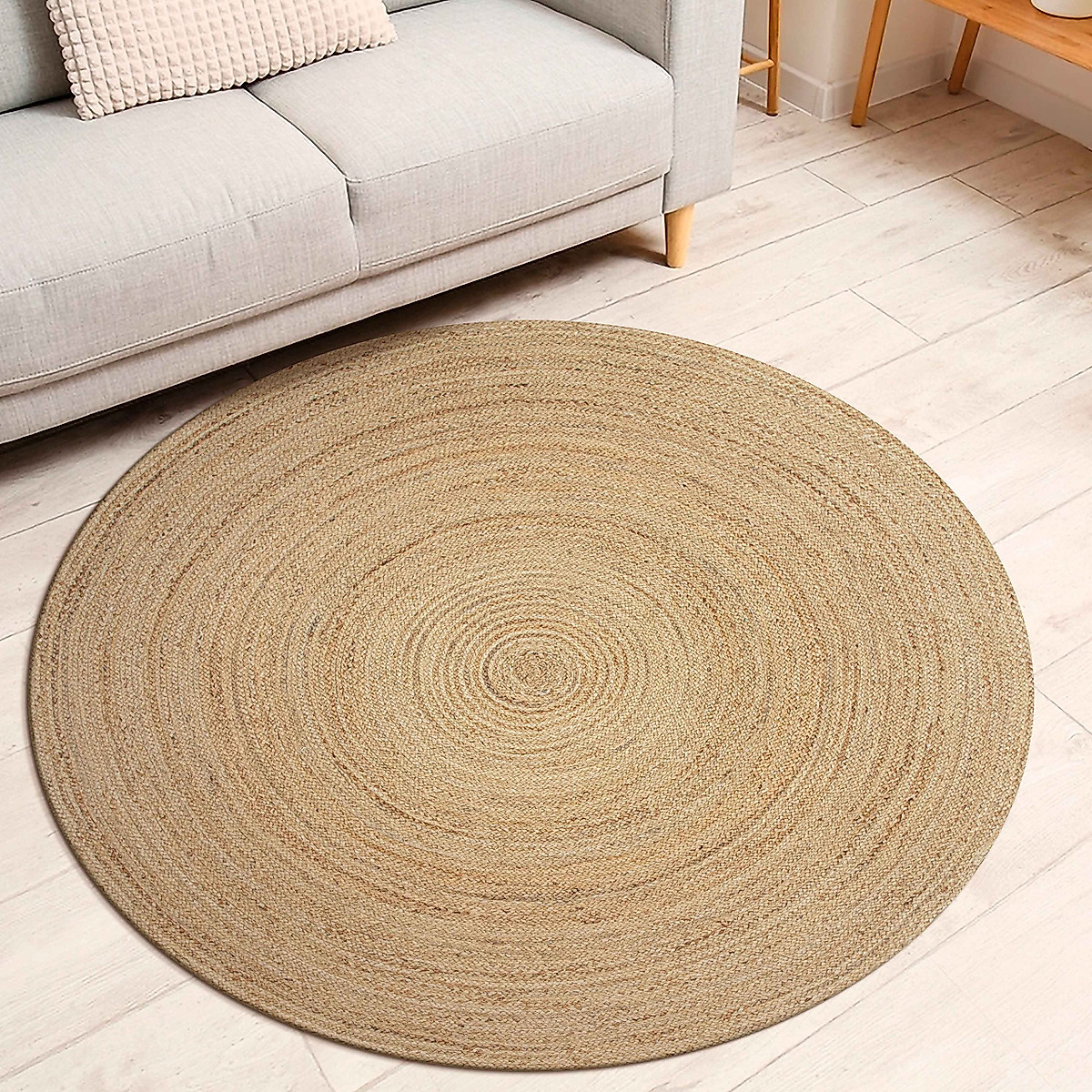 THE BEER VALLEY Jute Braided Farmhouse Area Rug, 6' Round - Natural, Hand Woven Boho Reversible Rugs for Living Room, Kitchen, Bedroom - 6 Feet Round