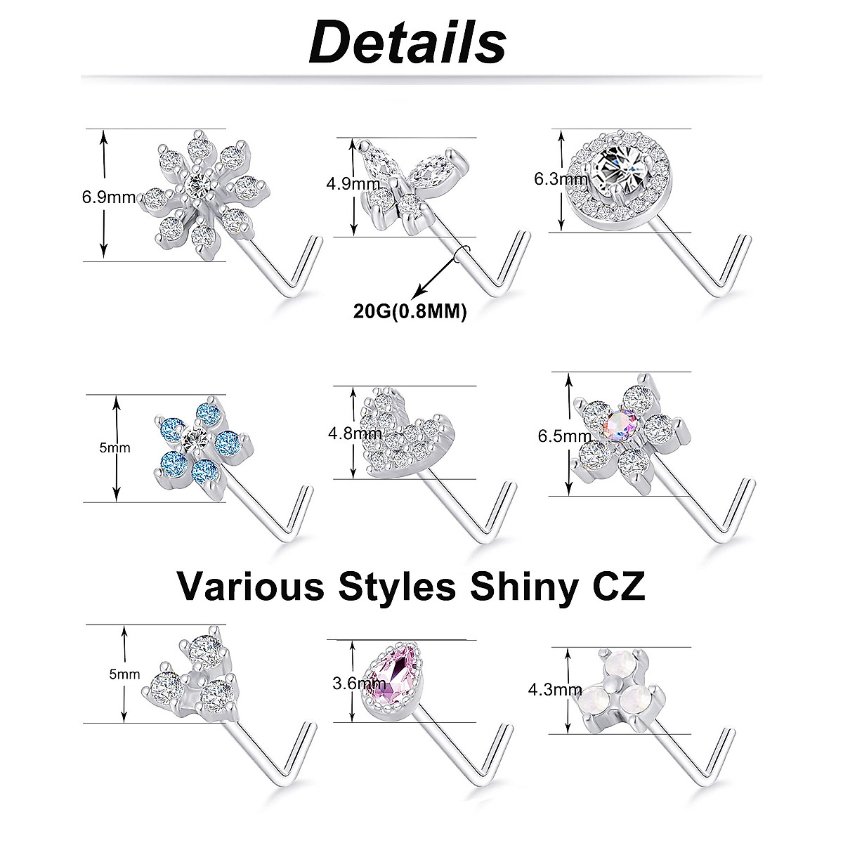 Tornito 9Pcs Nose Rings Stud L Shaped Nose Ring Flower CZ Snowflake Butterfly Screw Nose Stud Body Piercing Jewelry for Women Men 20G Silver Tone