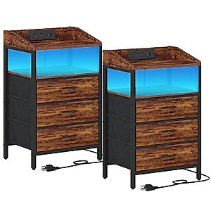 Hzuaneri Nightstands with LED Lights and Charging Station, End Table with 3 Fabric Storage Drawers and Shelves, Modern Side Table, Bedside Tables for Bedroom, Set of 2, Rustic Brown NS31101B