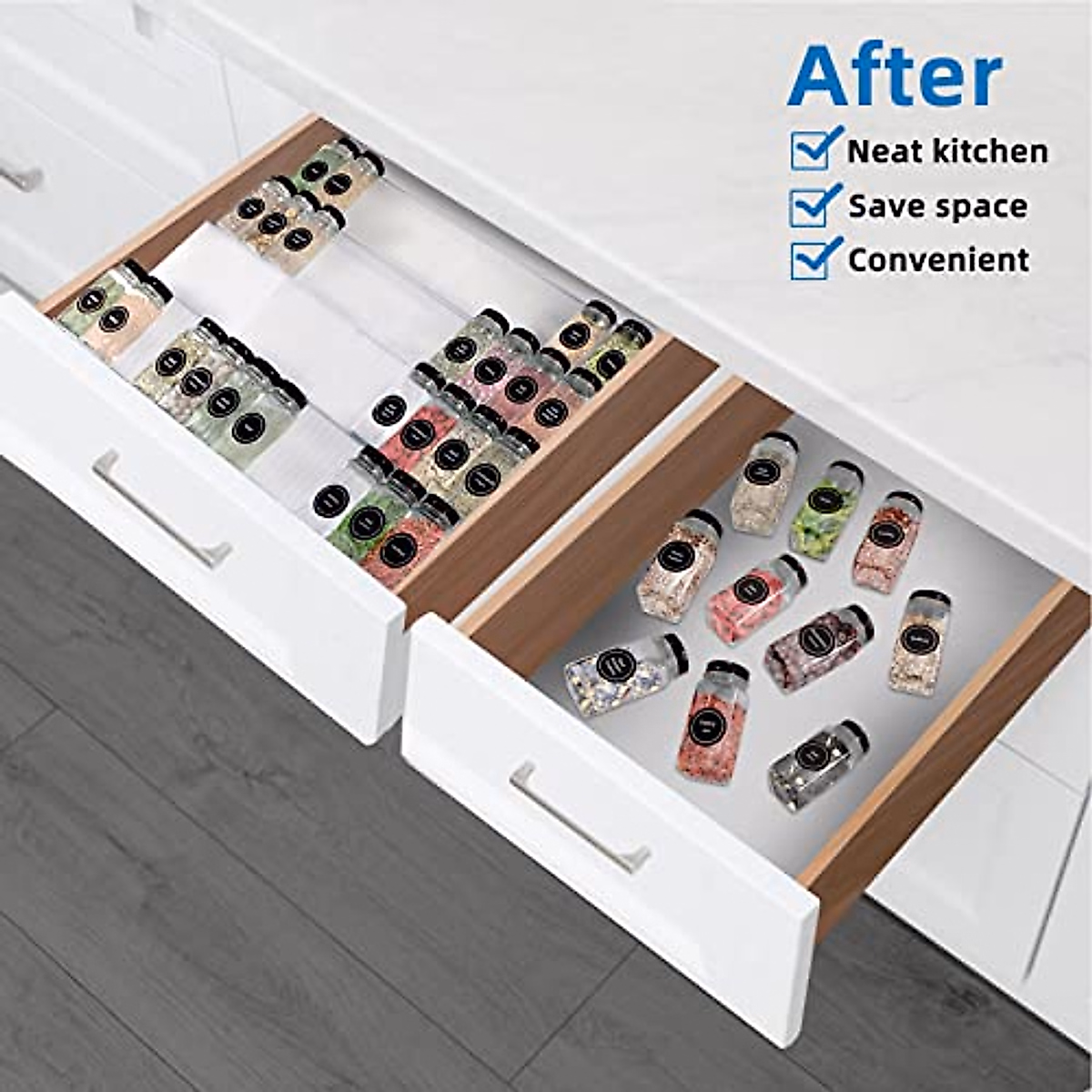 SZWQILIN Spice Drawer Organizer,Spice Rack Drawer for Kitchen, 4 Tier Acrylic Drawer Spice Organizer for Jars and Packets,Expandable From 11" to 22" 8 Pack (Clear)